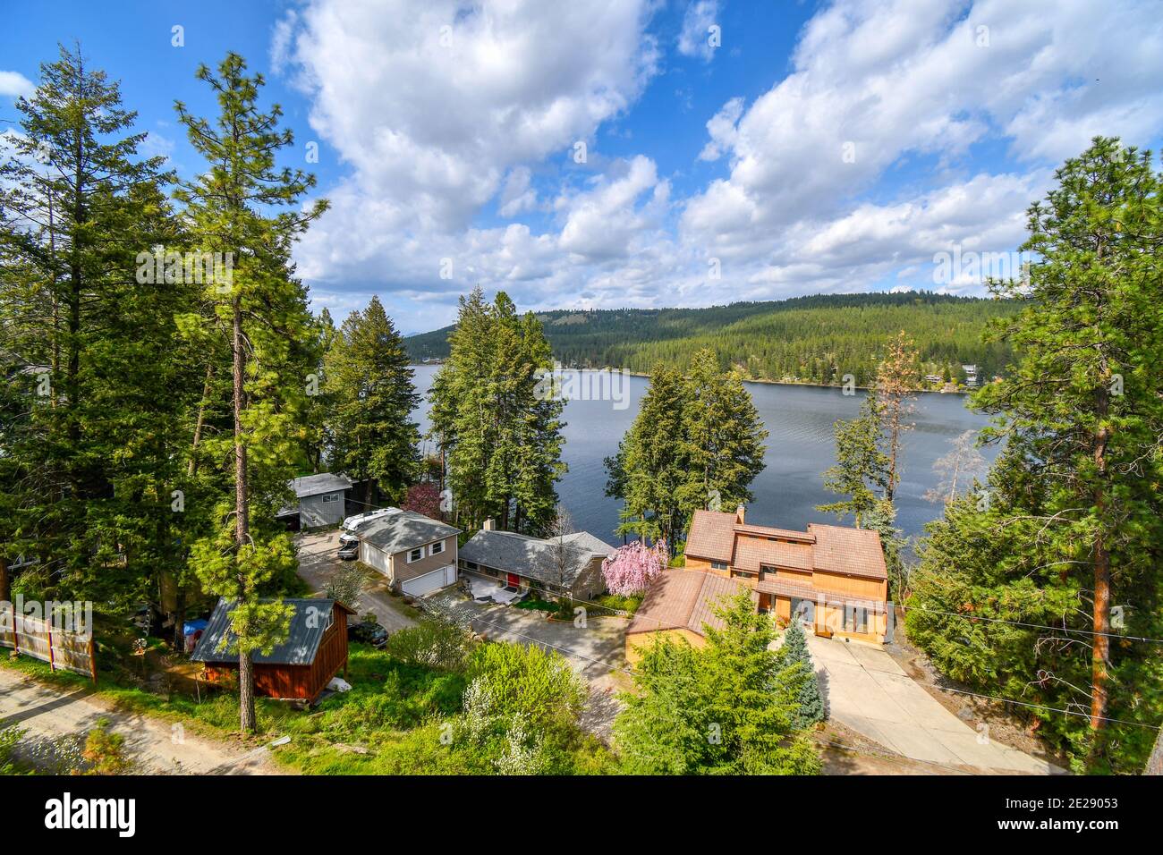 View from above an upscale waterfront community along Liberty Lake, in ...