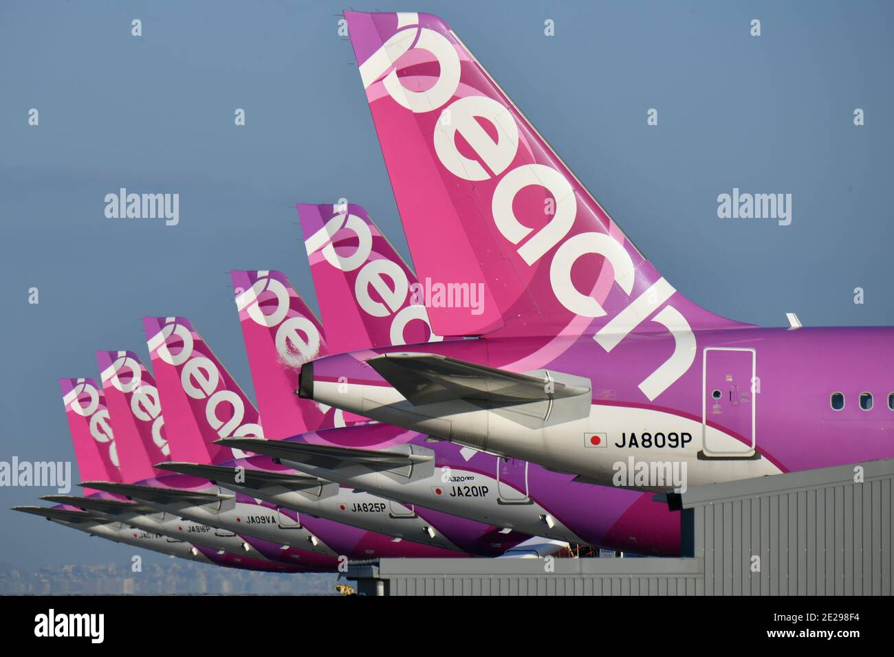 Peach Aviation's aircrafts parked at Kansai Airport on October 25, 2020 ...