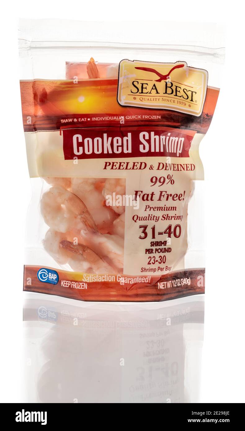 Winneconne, WI -9 January 2021: A package of Sea Best cooked shrimp on ...
