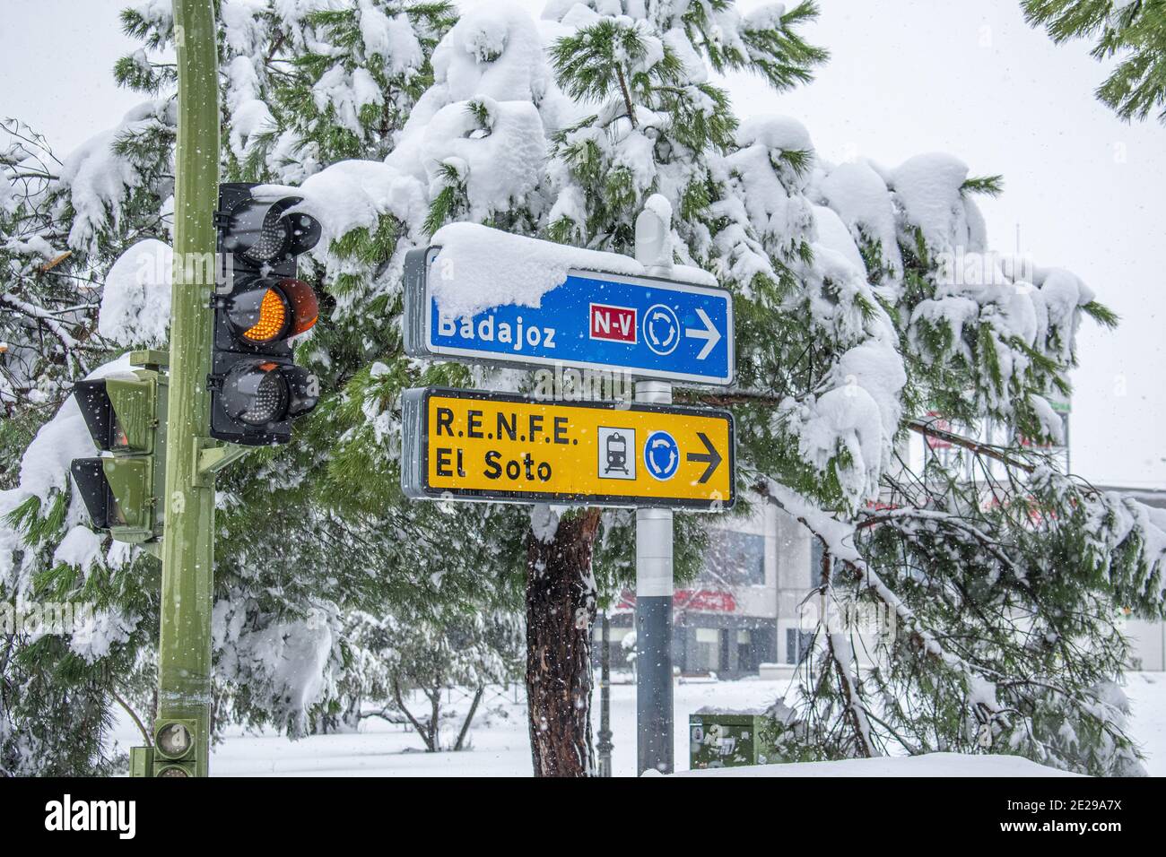 Traffic signs by the trees covered in snow captured on a cold snowy day ...