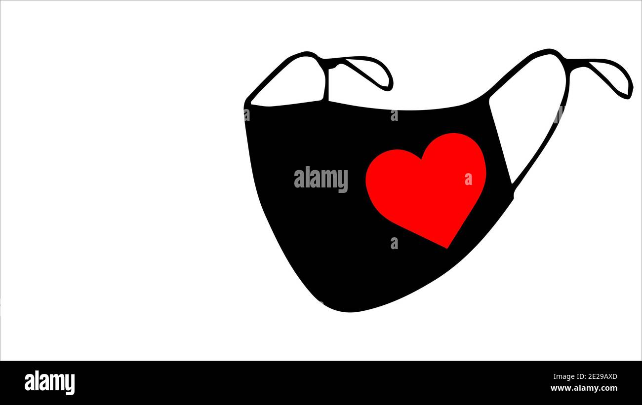Black face mask with a red heart print isolated on a white background ...