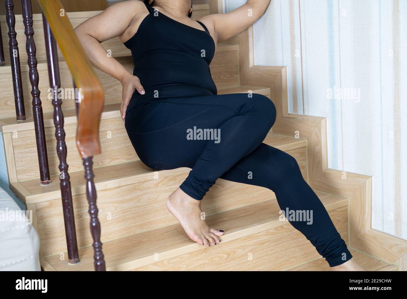 Asian middle-aged lady woman patient fall down the stairs because ...