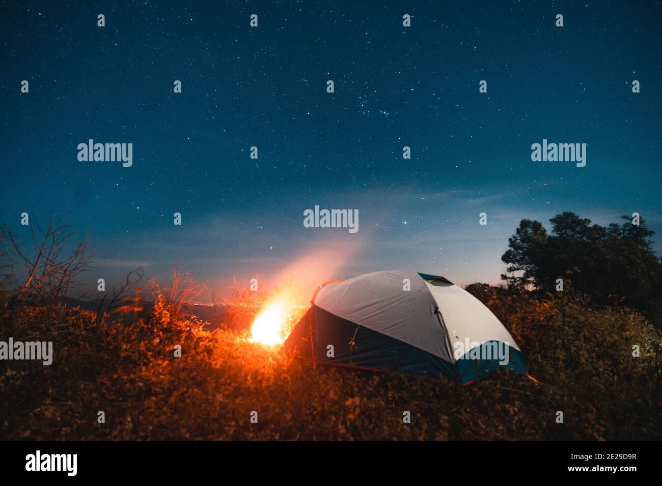 Camping tents and bonfires at night Stock Photo - Alamy