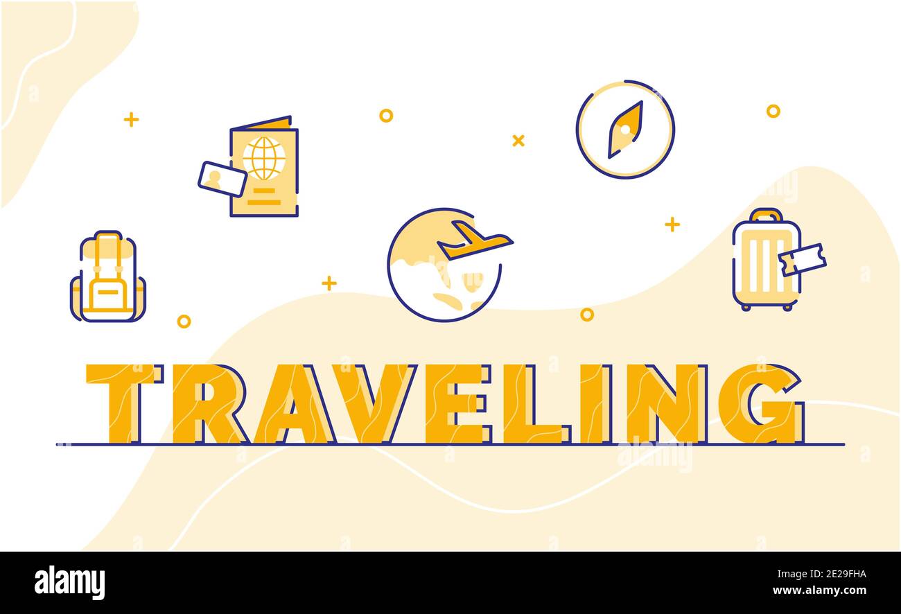 traveling typography word art background of icon backpack passport ...