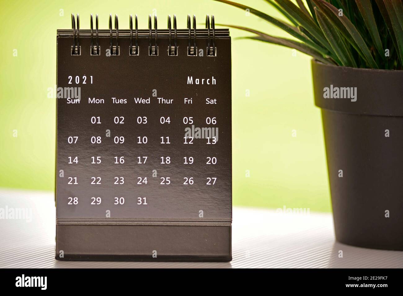 Black March 2021 calendar with green backgrounds and potted plant. 2021 ...