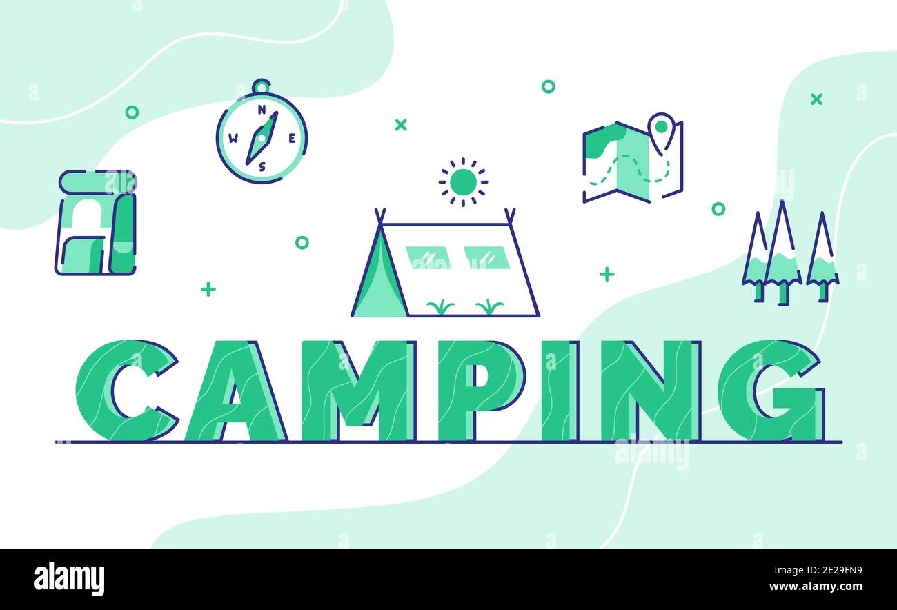 camping typography word art background of icon backpack compass tent ...