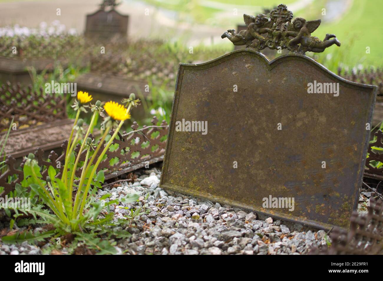 Old cemetery with weathered and textured metal plaque tombstone on a ...