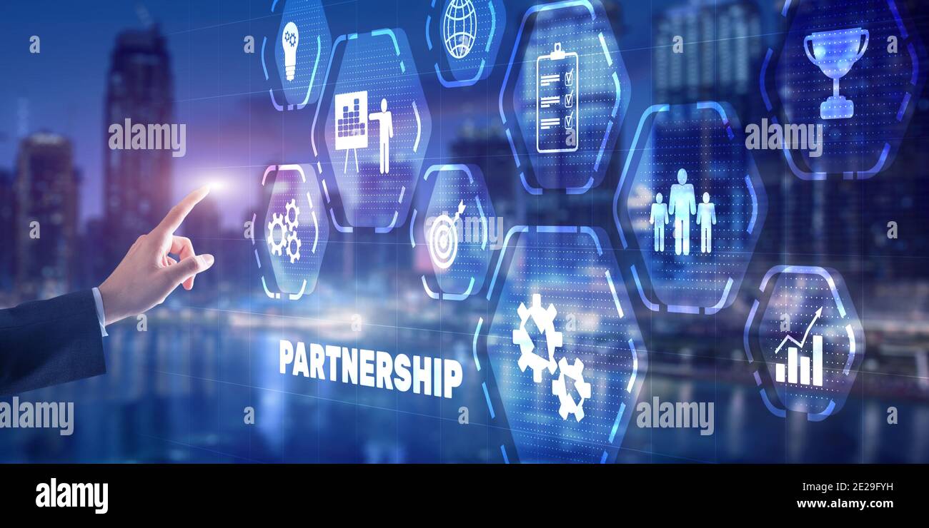 Business partnership and success concept. Businessman presses finger ...