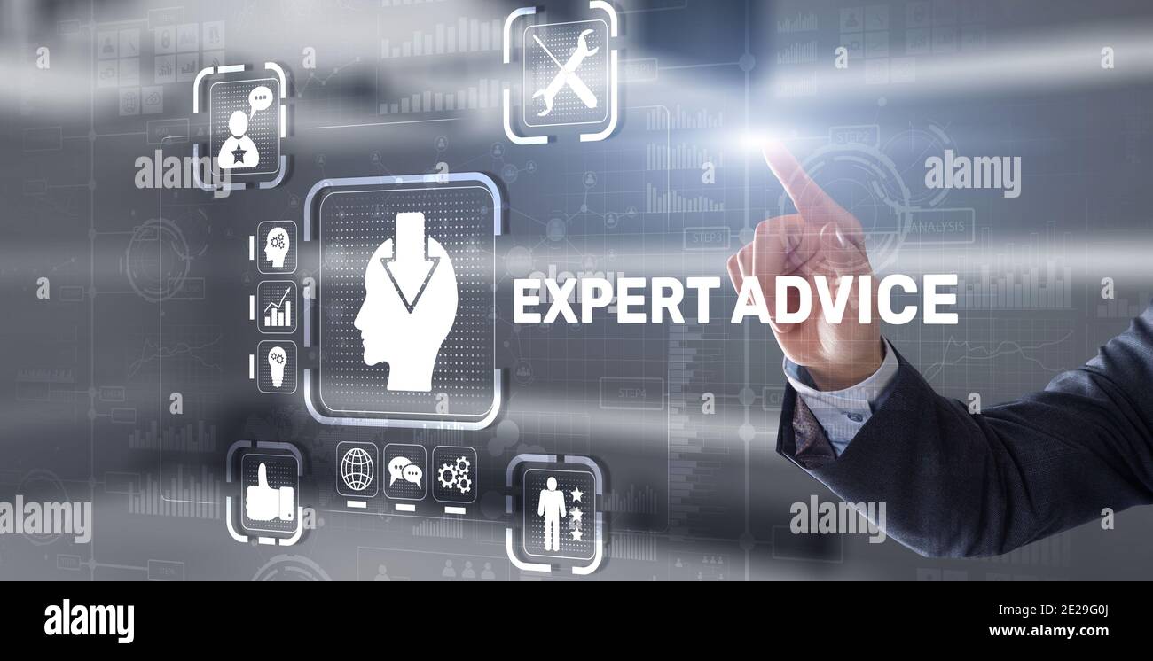 Expert advice. Businessman hand touching inscription on virtual screen ...