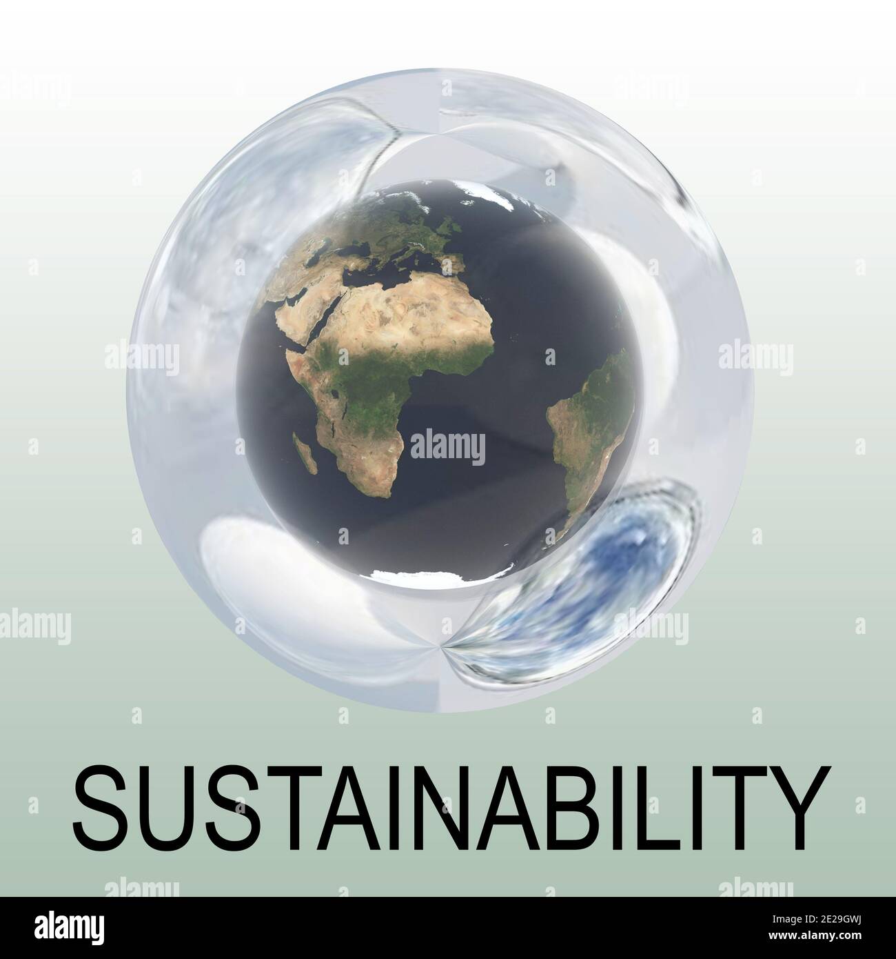3D illustration of SUSTAINABILITY script, under a 3D model of the world ...