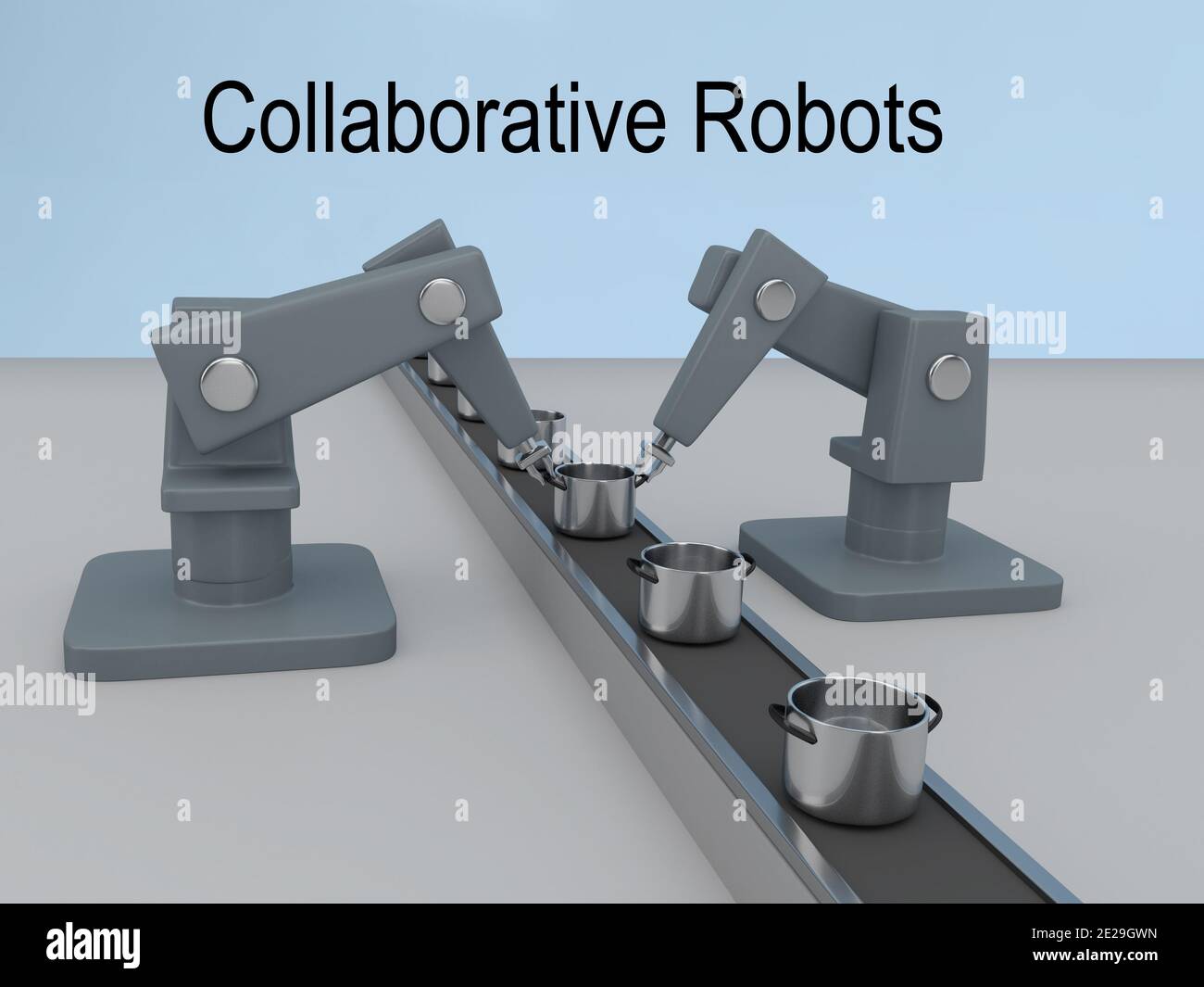 3D illustration of two industrial robots at an cooking pots assembly ...