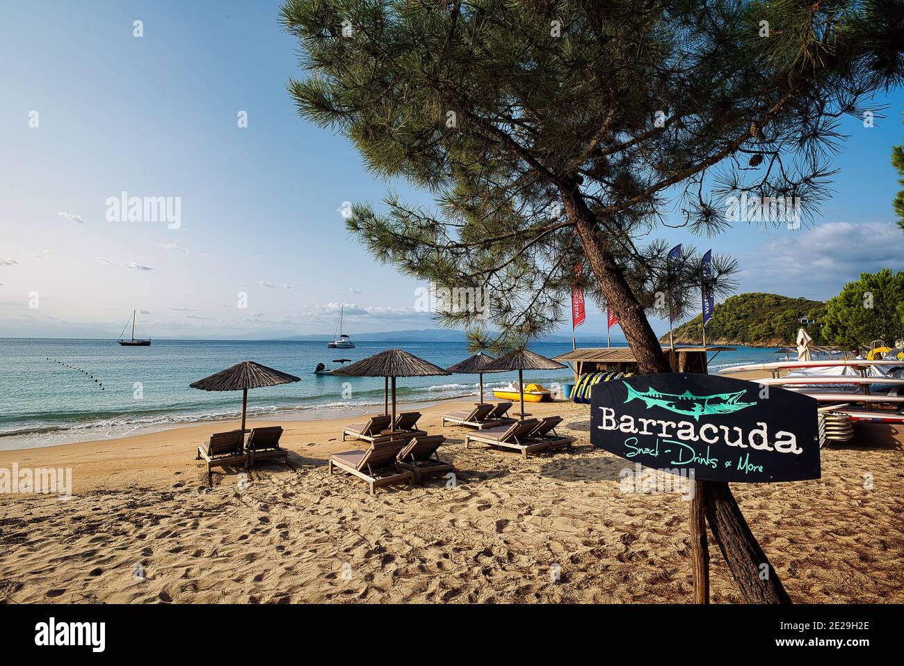 VOLOS, GREECE - Sep 20, 2020: Koukounaries beach, billboards for ...
