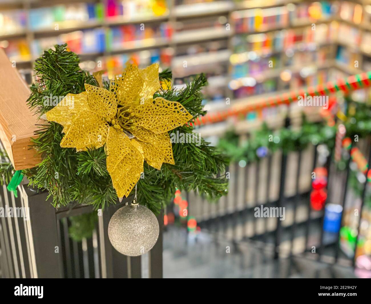 Christmas garland and bauble on stairs handrail for decoration Stock ...
