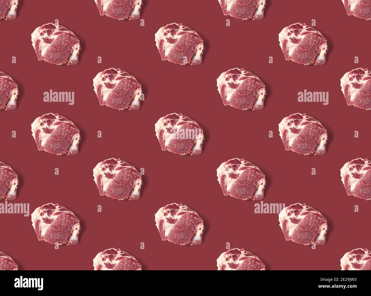 Seamless Pattern with raw pork meat slices on red background, food ...