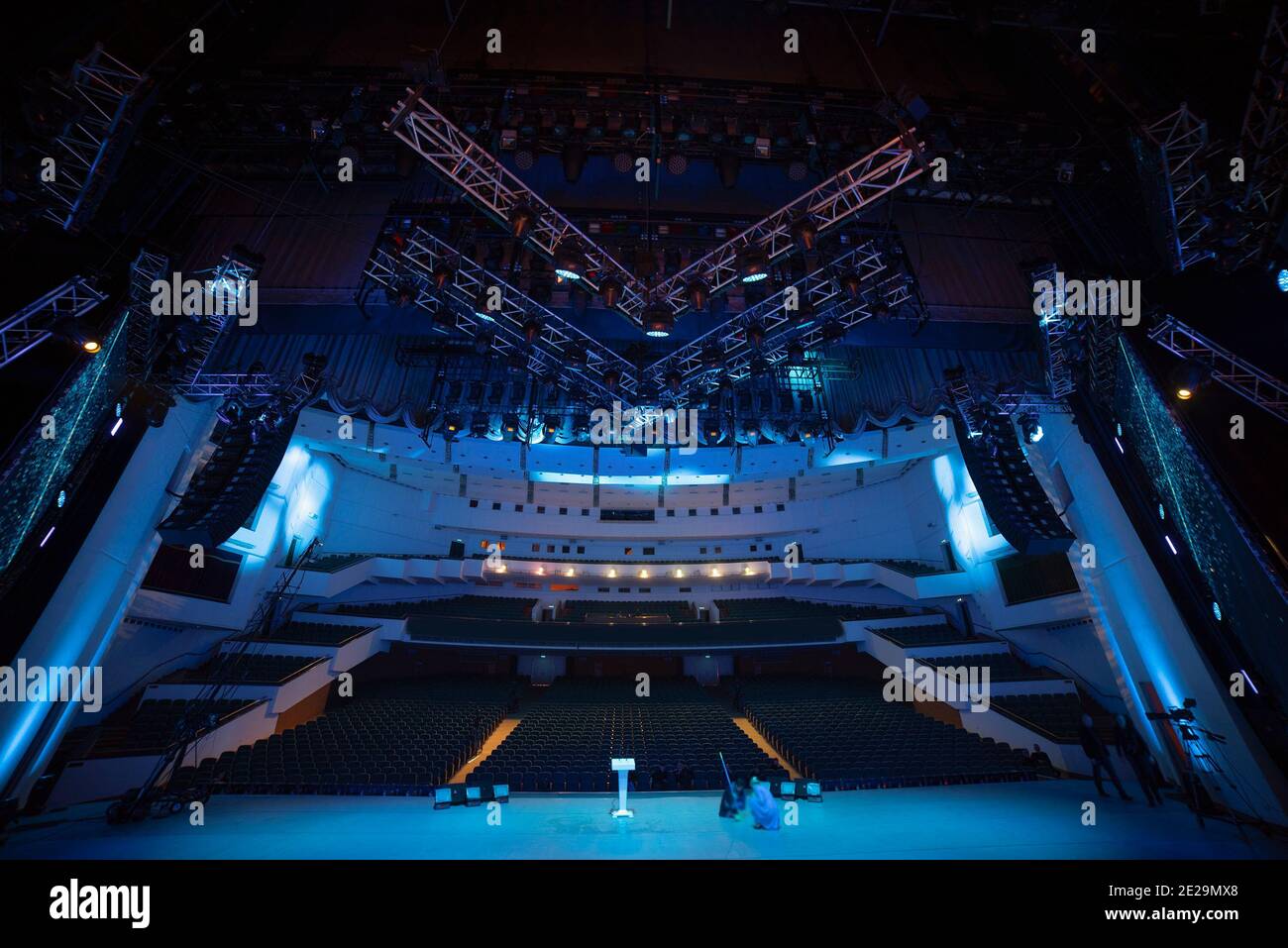 Preparing the stage for a concert in the open air Stock Photo - Alamy