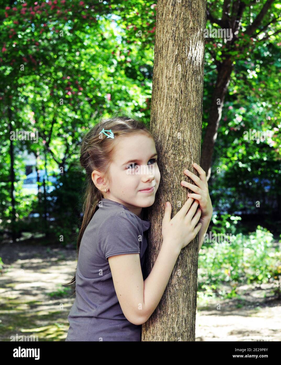 Blonde child, girl, 8 years old, smiling and hugging a trunk tree in ...