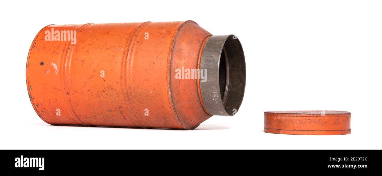 Old nostalgic can isolated on white - Orange can Stock Photo - Alamy