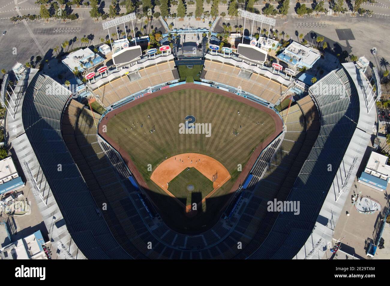 General overall aerial view of Dodger Stadium with No. 2 painted in ...