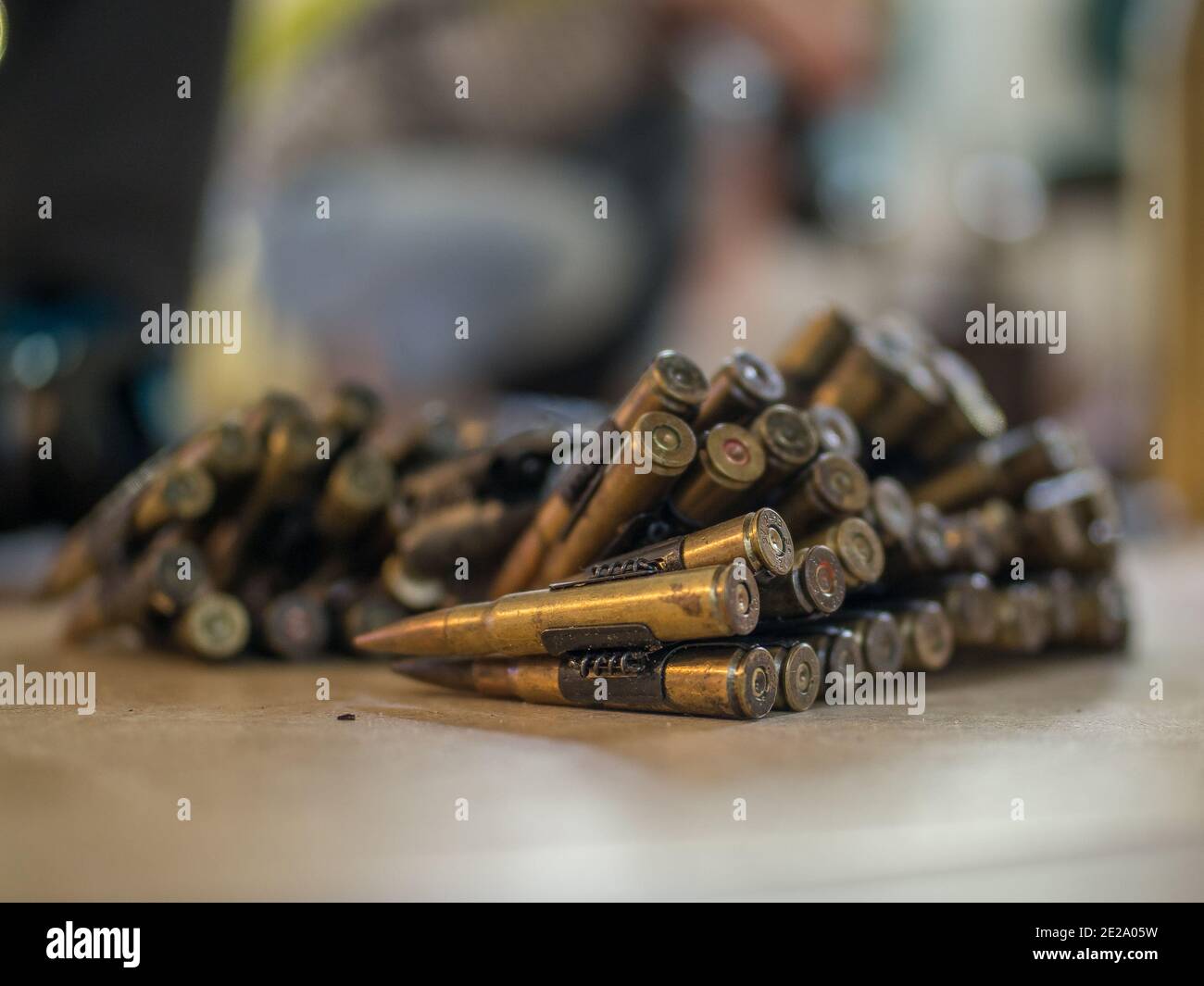 Belt with machine gun shells. Caliber Bullet Belt. Selective focus ...