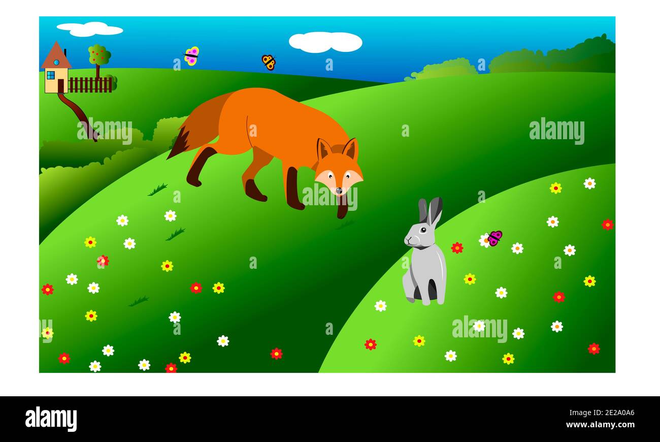 colorful picture of a fox stalking a hare, a clearing with flowers, a ...