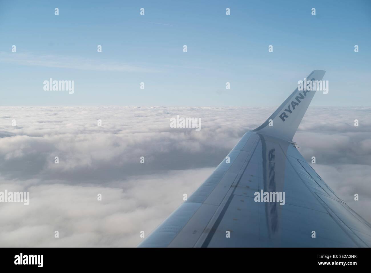 25 May 2019, Ireland, Dublin: The view of the wing of an airplane of ...