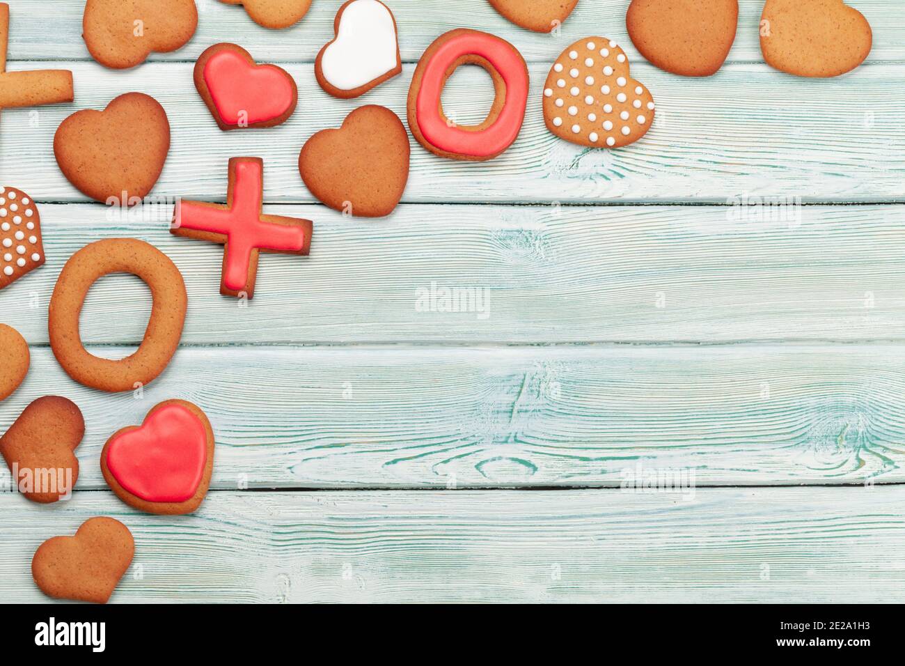 Valentines day concept greeting card with gingerbread cookies. Top view ...