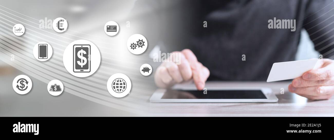 Concept of mobile banking with man using credit card and digital tablet ...