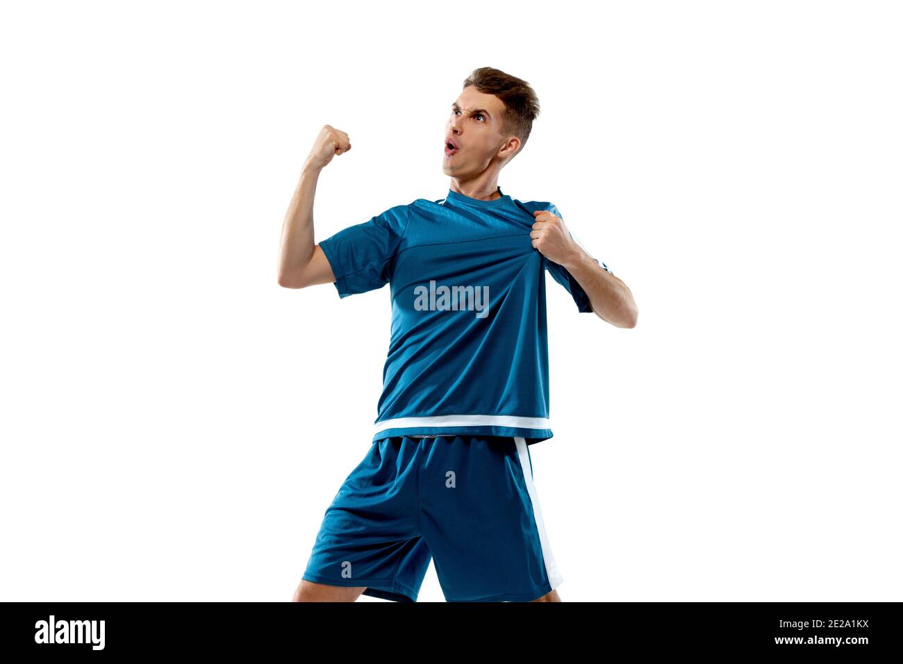 Winner. Funny emotions of professional soccer player isolated on white ...