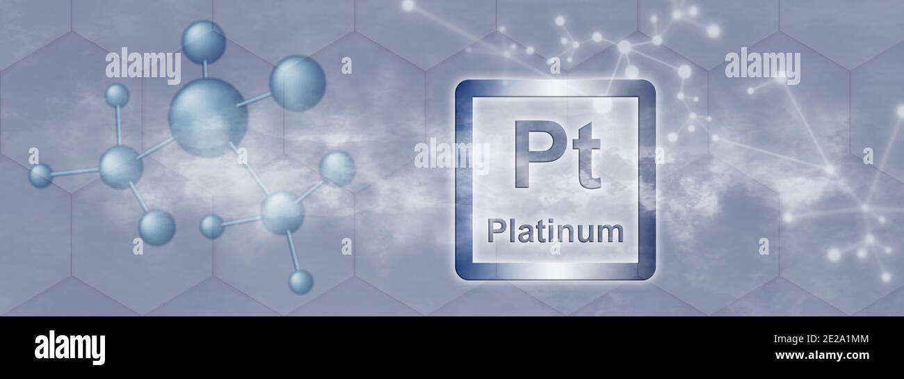 Pt symbol. Platinum chemical element with molecule and network on grey ...