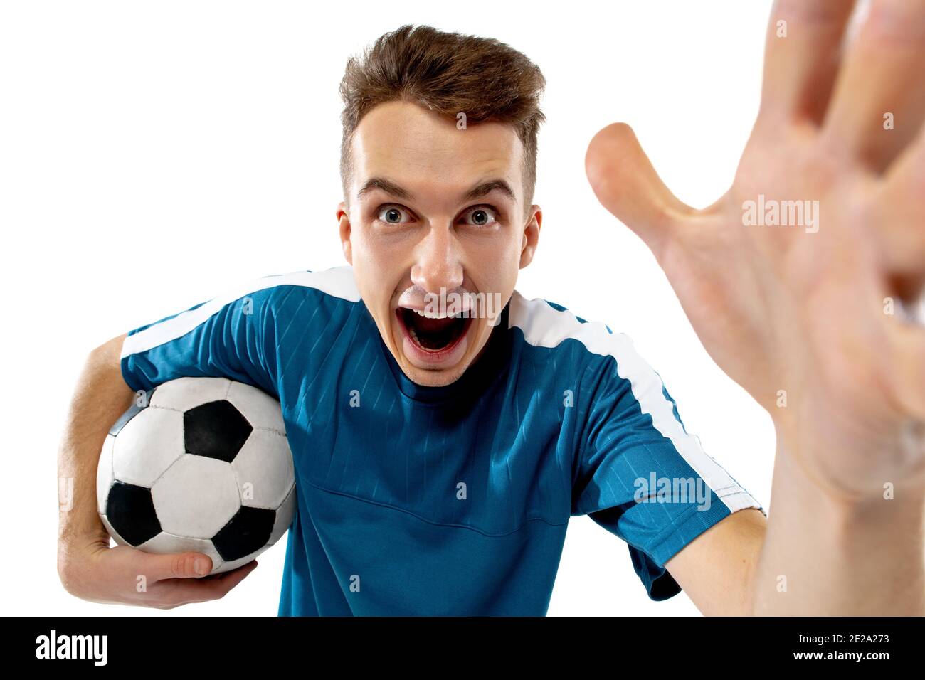 Close up. Funny emotions of professional soccer player isolated on ...