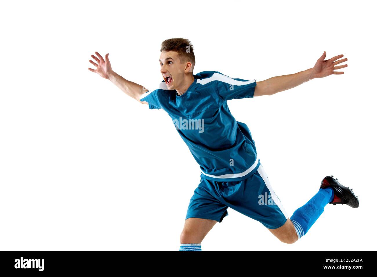 Goal. Funny emotions of professional soccer player isolated on white ...