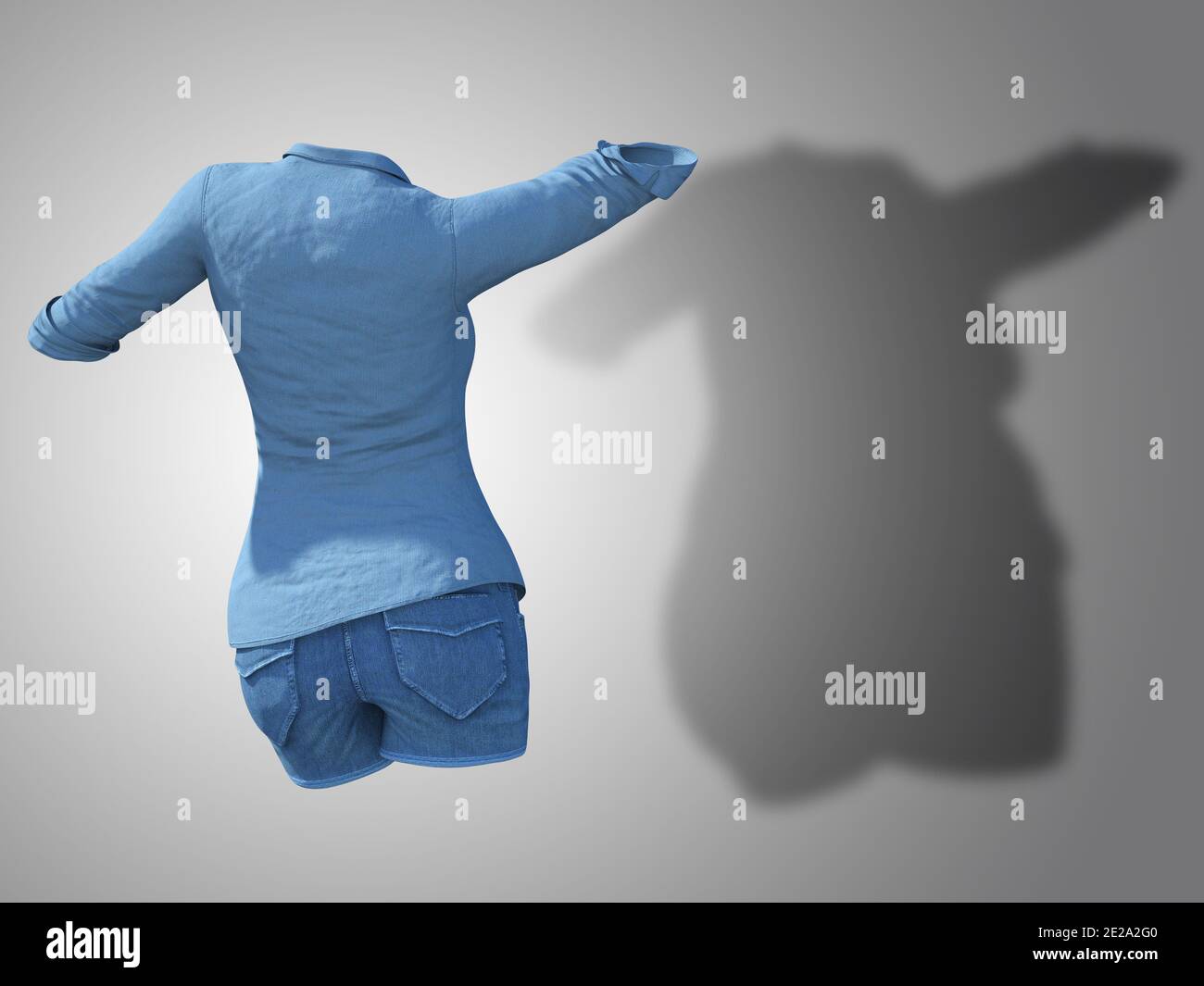 Conceptual fat overweight obese shadow female jeans shirt vs slim fit ...