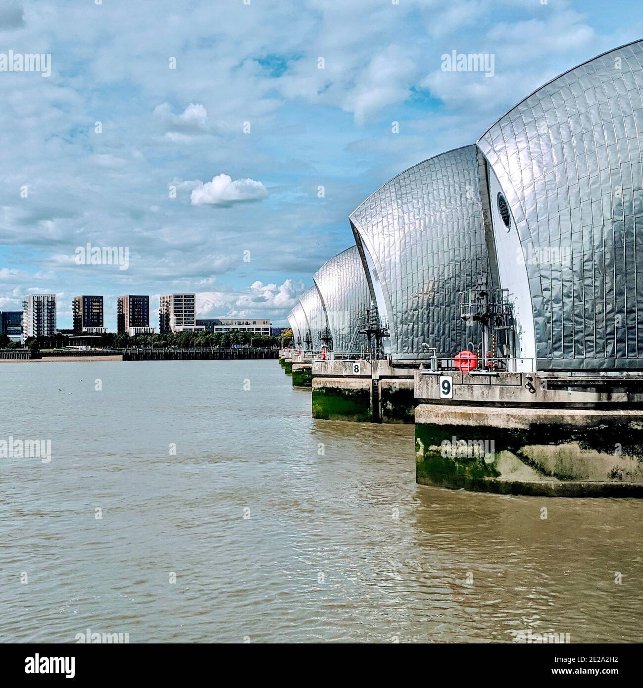 Thames Barrier on the River Thames. A barrage dam for flood prevention ...