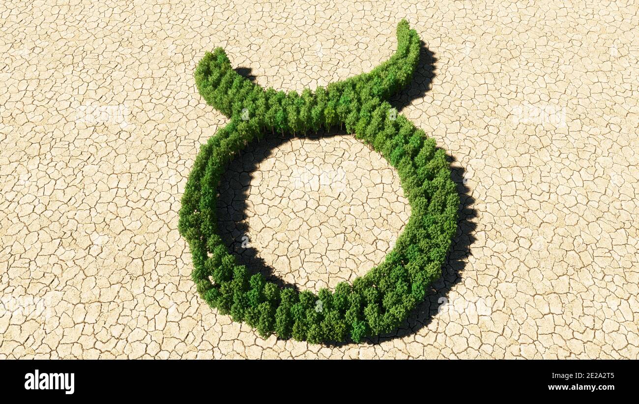 Concept or conceptual group of green forest tree on dry ground ...