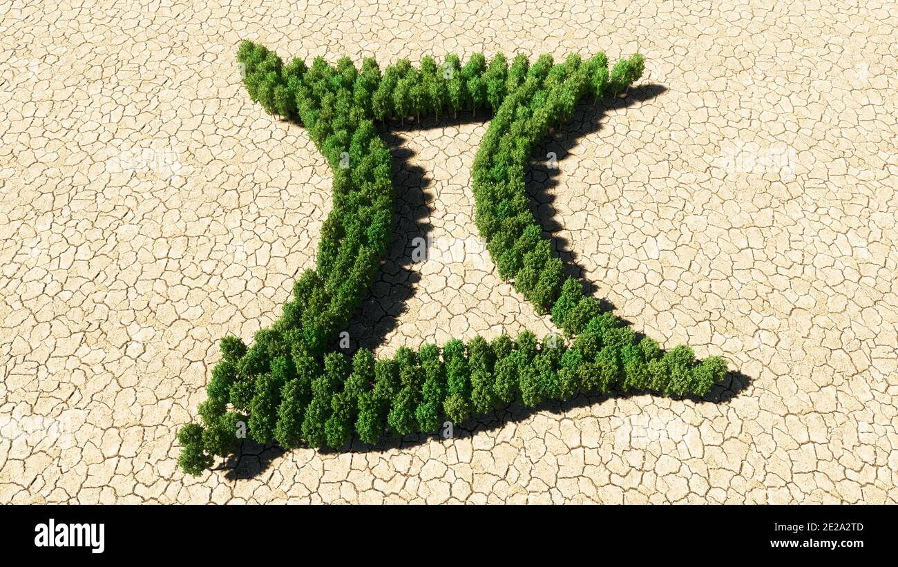 Concept or conceptual group of green forest tree on dry ground ...