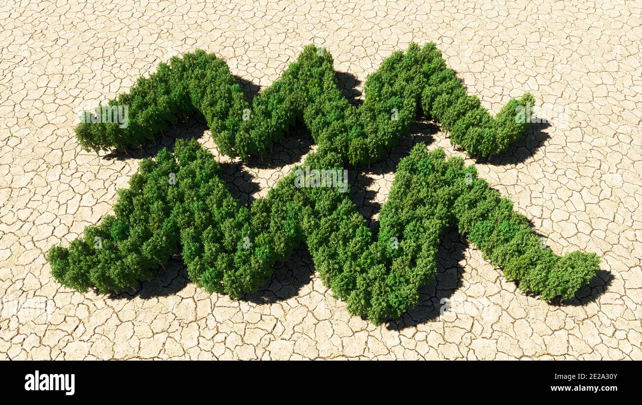 Concept or conceptual group of green forest tree on dry ground ...