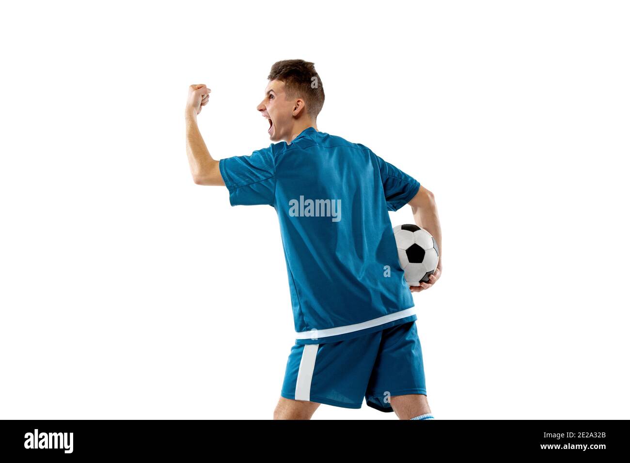 Celebrate. Funny emotions of professional soccer player isolated on ...