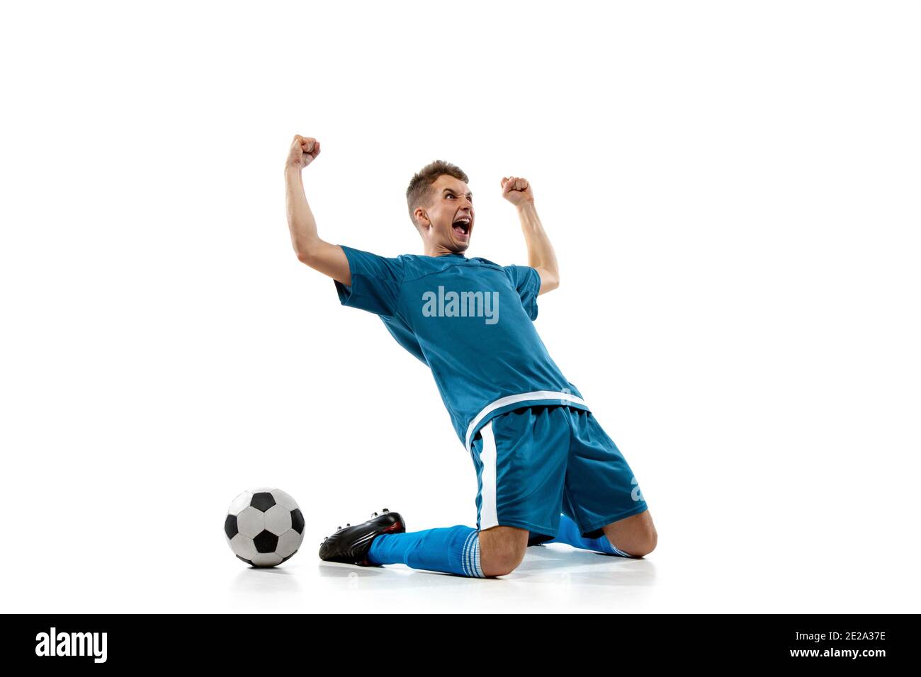 Champion. Funny emotions of professional soccer player isolated on ...