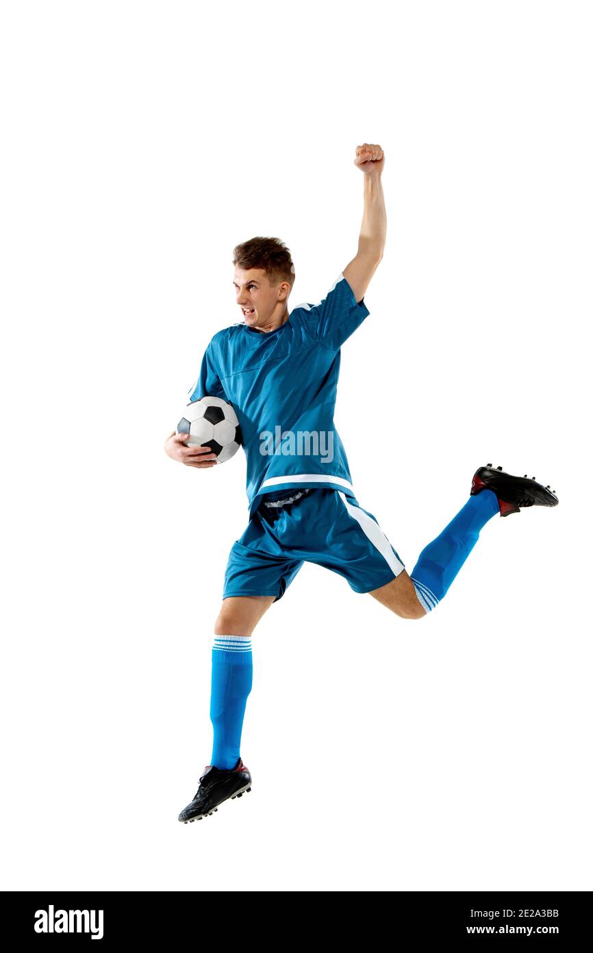 Flying high. Funny emotions of professional soccer player isolated on ...