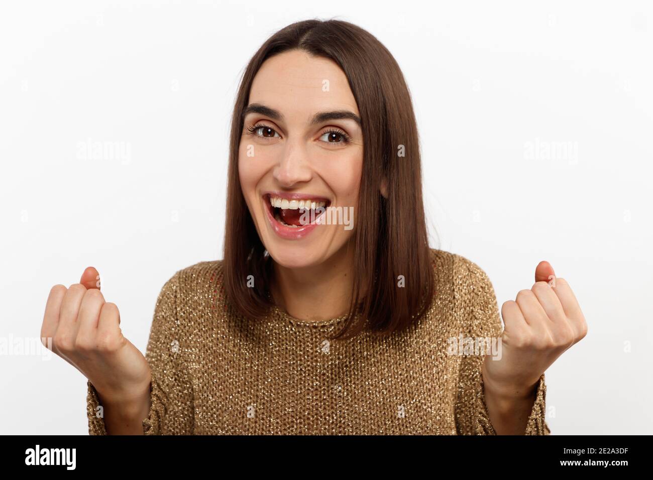 Happy young woman victory sign. Portrait Stock Photo - Alamy