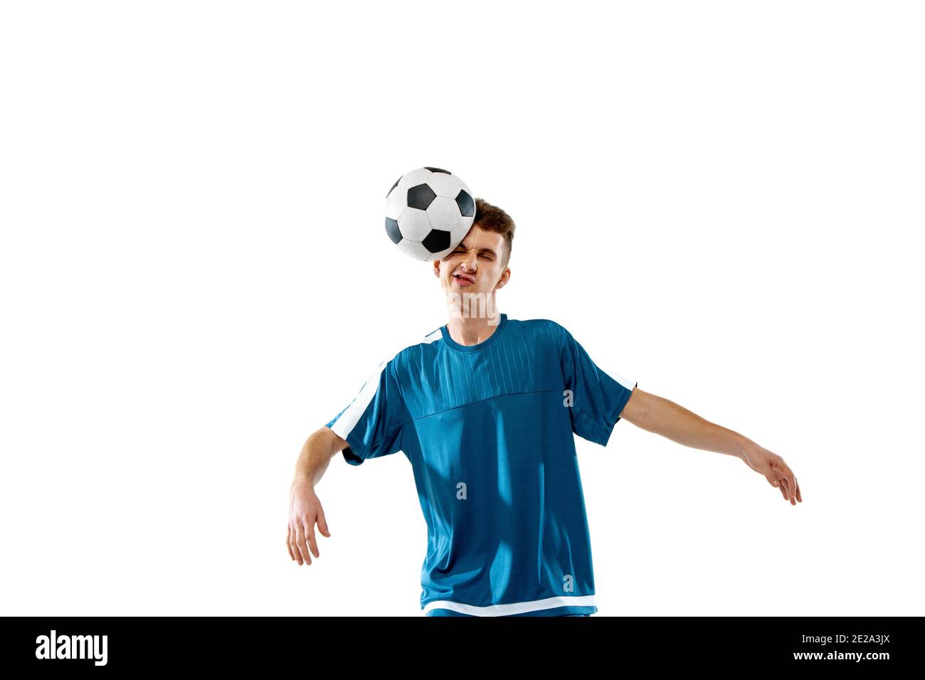 Painful. Funny emotions of professional soccer player isolated on white ...