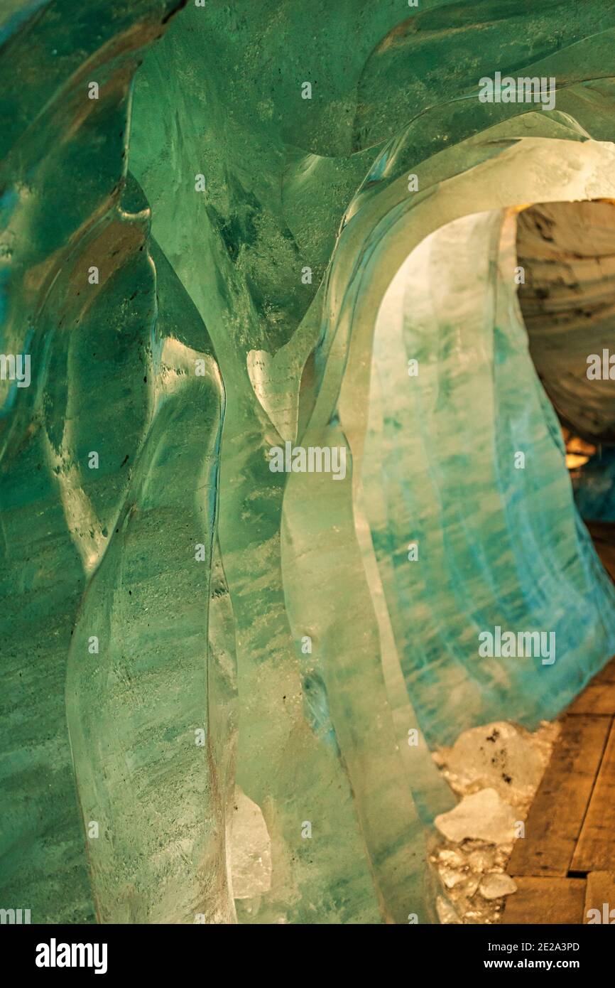 blue ice inside a cave under melting rhone glacier, switzerland Stock ...