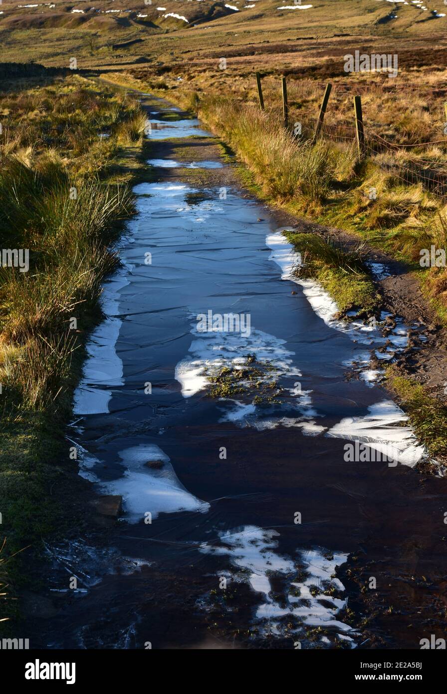 Frozen puddle on footpath, Haworth Moor, Bronte Country Stock Photo - Alamy