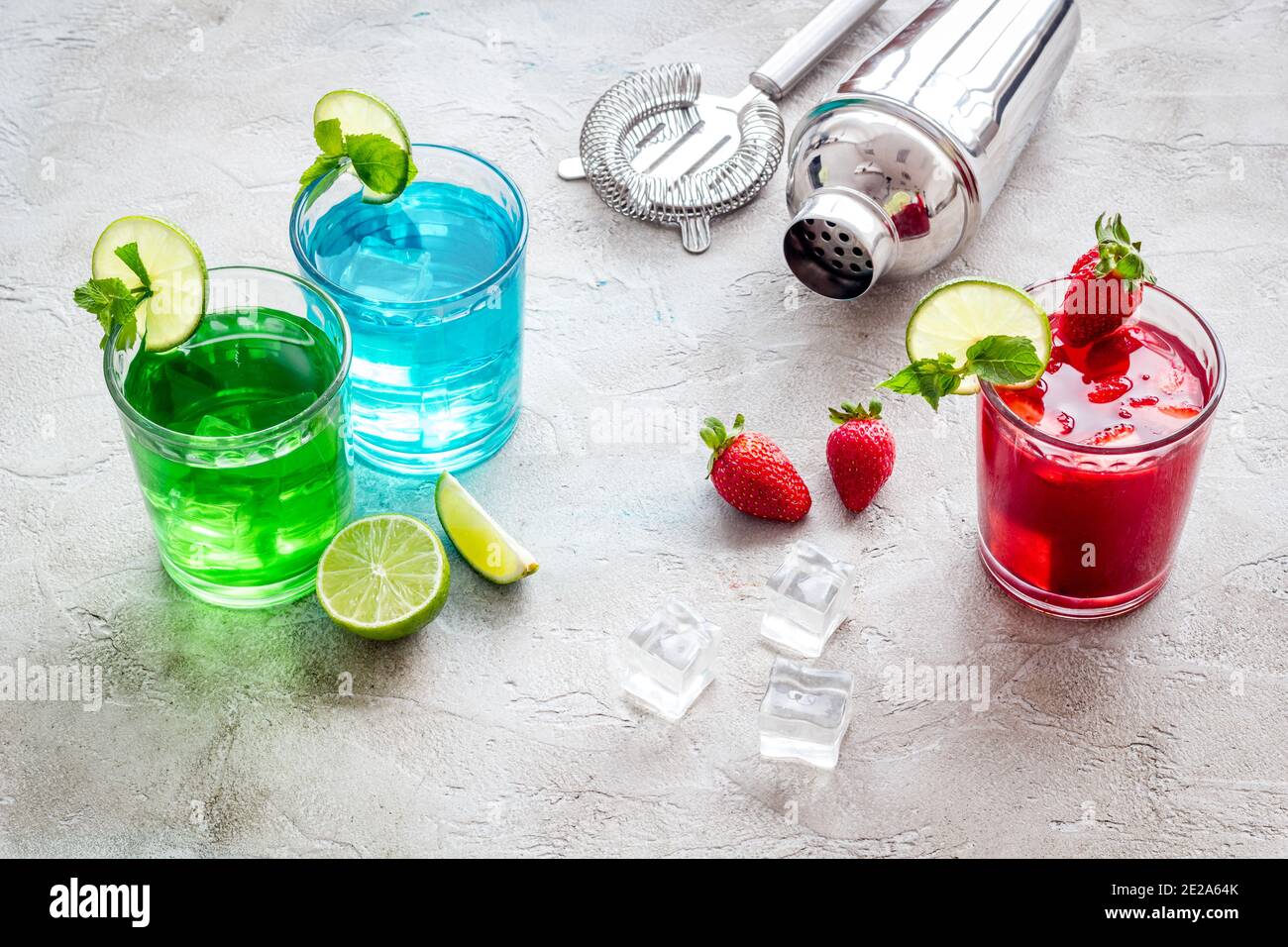 Mix of cocktails cold drink with ingredients and bar tools Stock Photo ...