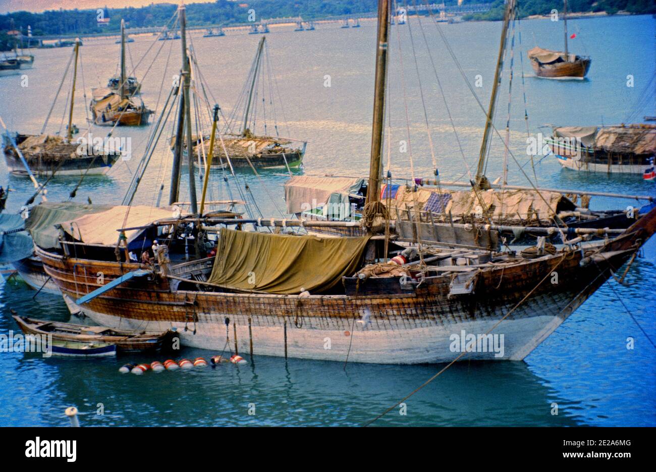 Ancient traditional Arab dhow moored in harbour, Mombasa Kenya Stock ...