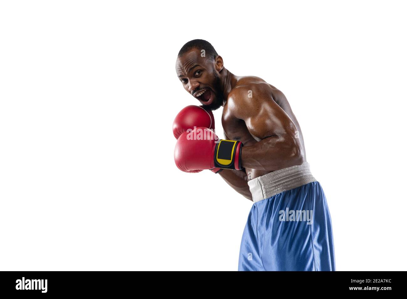 Ready. Funny, bright emotions of professional african-american boxer ...