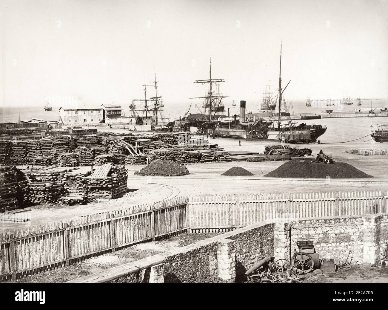 Vintage 19th century photograph: ships and cargo alongside the docks at ...