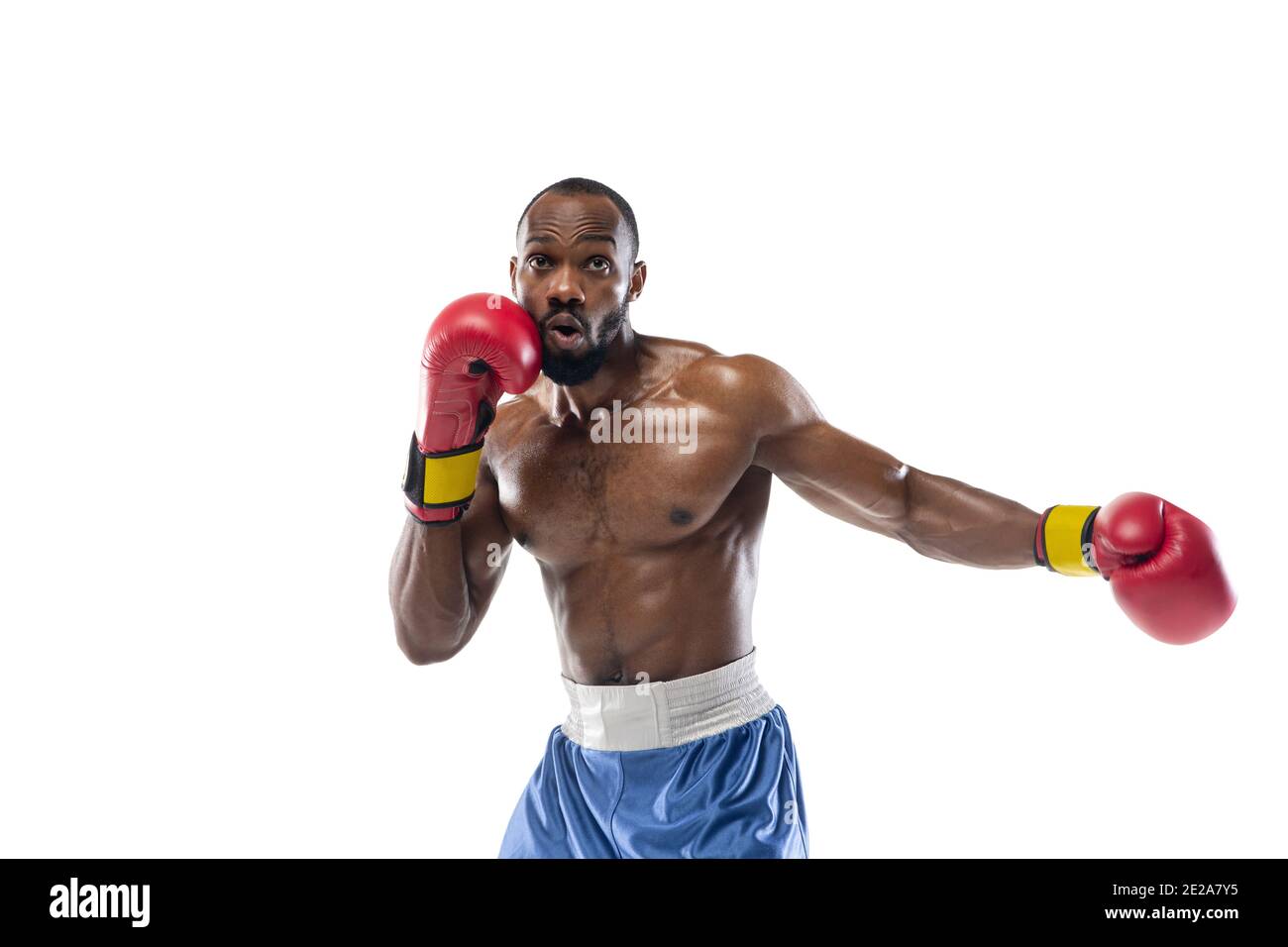 Punching. Funny, bright emotions of professional african-american boxer ...