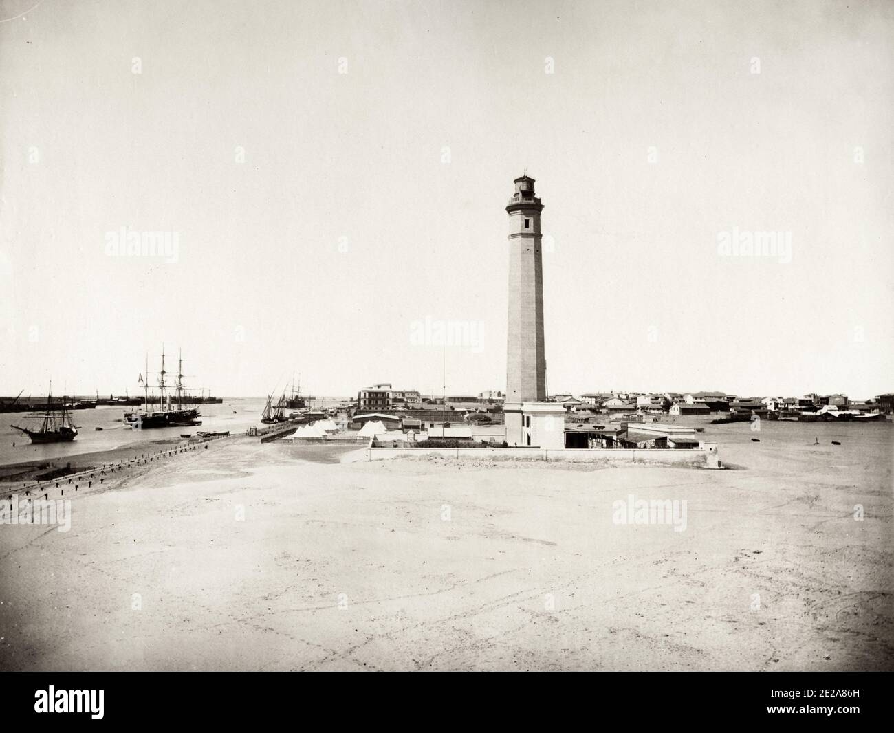 Vintage 19th century photograph: lighthouse at Port Said on the Suez ...