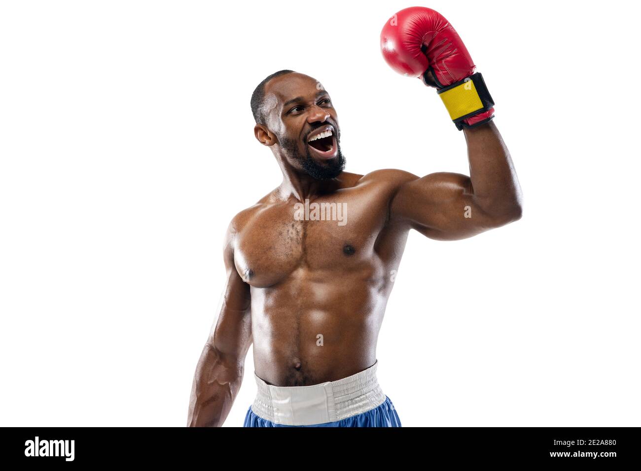 Greeting. Funny, bright emotions of professional african-american boxer ...